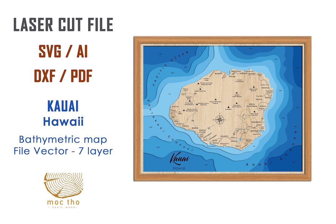 Digital File PDF, SVG - Kauai Island Hawaii Map Bathymetric Depth ...