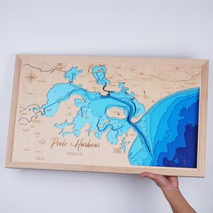 Poole Harbour UK Wood Map 3D Custom Lake, Island, Coast Map Bathymetric ...