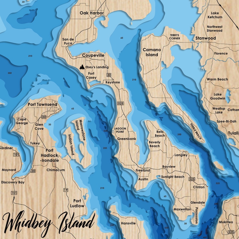 Digital File PDF, SVG - Whidbey Island Washington, Bathymetric Depth ...