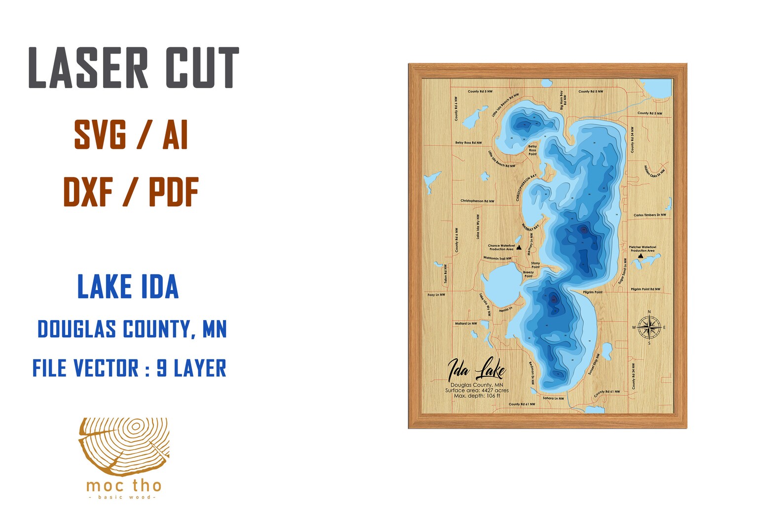 Digital File PDF, SVG - Lake Ida Douglas Minnesota Bathymetric Depth ...