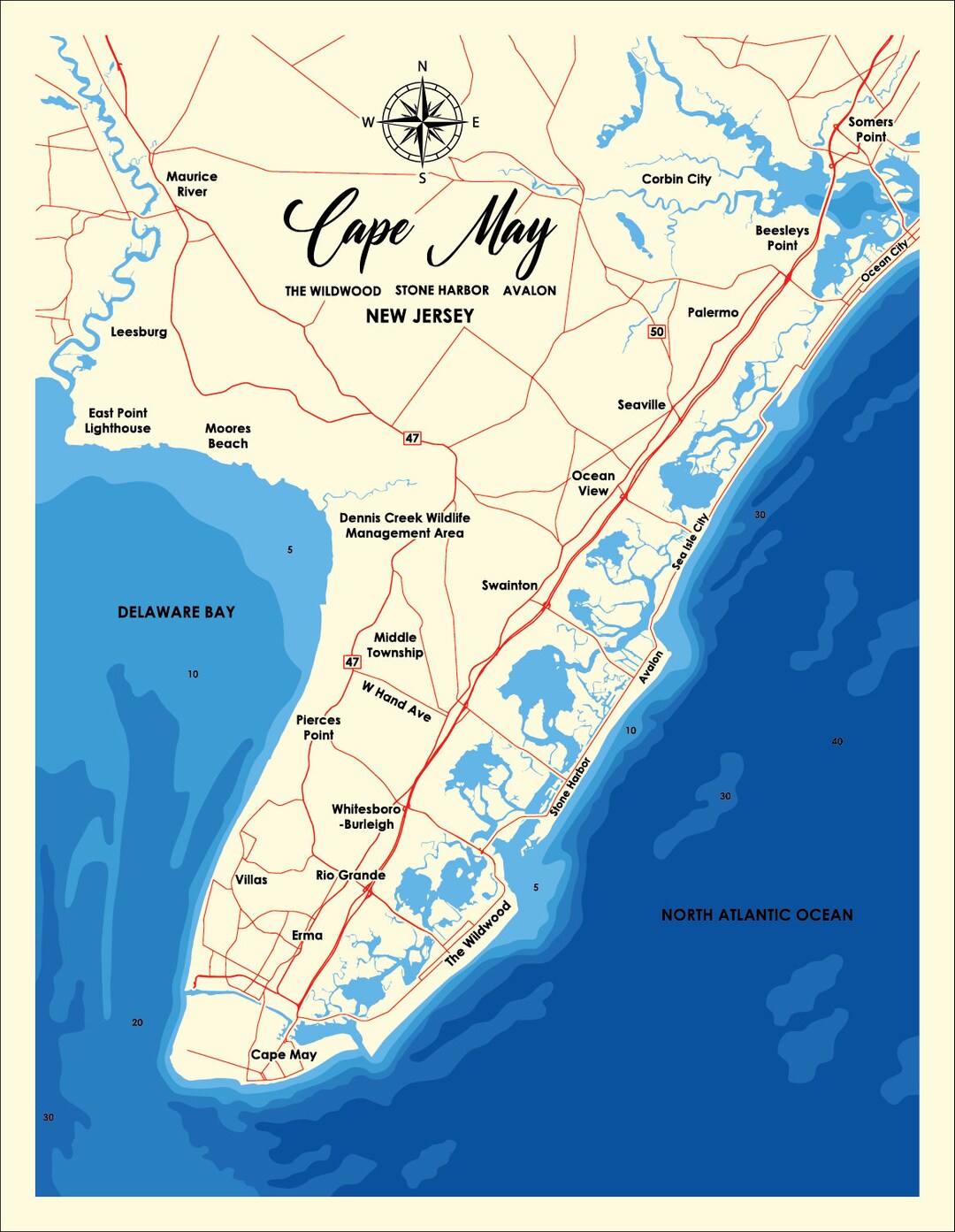 Digital File PDF, SVG Cape May New Jersey Map, Bathymetric Depth Layers ...