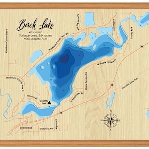 Digital File PDF, SVG - Birch Lake Wisconsin Map Bathymetric Depth ...