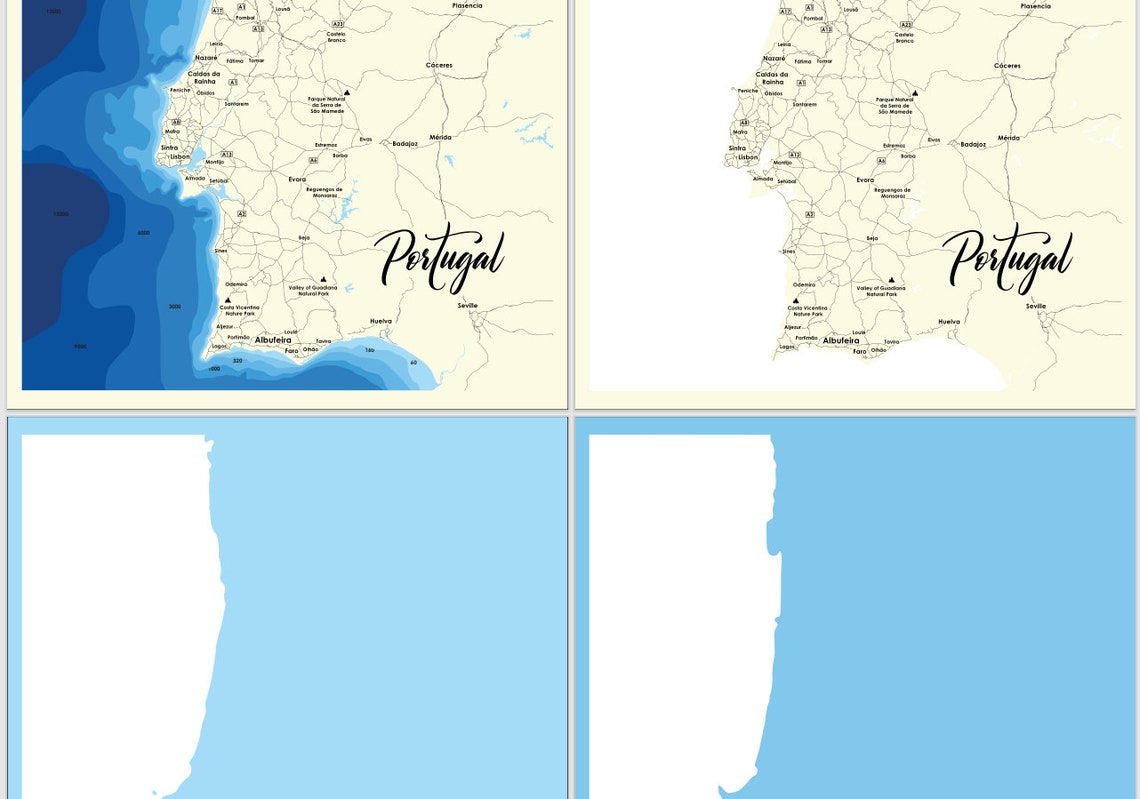 Digital File PDF, SVG - Portugal 3d Map, Bathymetric Depth Layers SVG ...