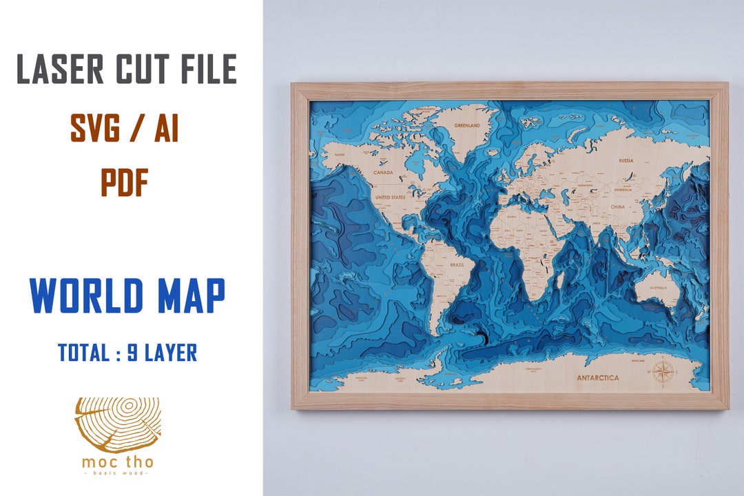 Digital File PDF, SVG - World Map Laser File Bathymetric Depth Layers ...