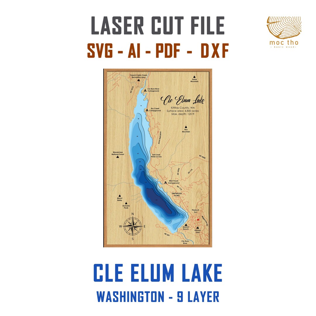 Digital File PDF, SVG - Cle Elum Lake Washington, Bathymetric Depth ...
