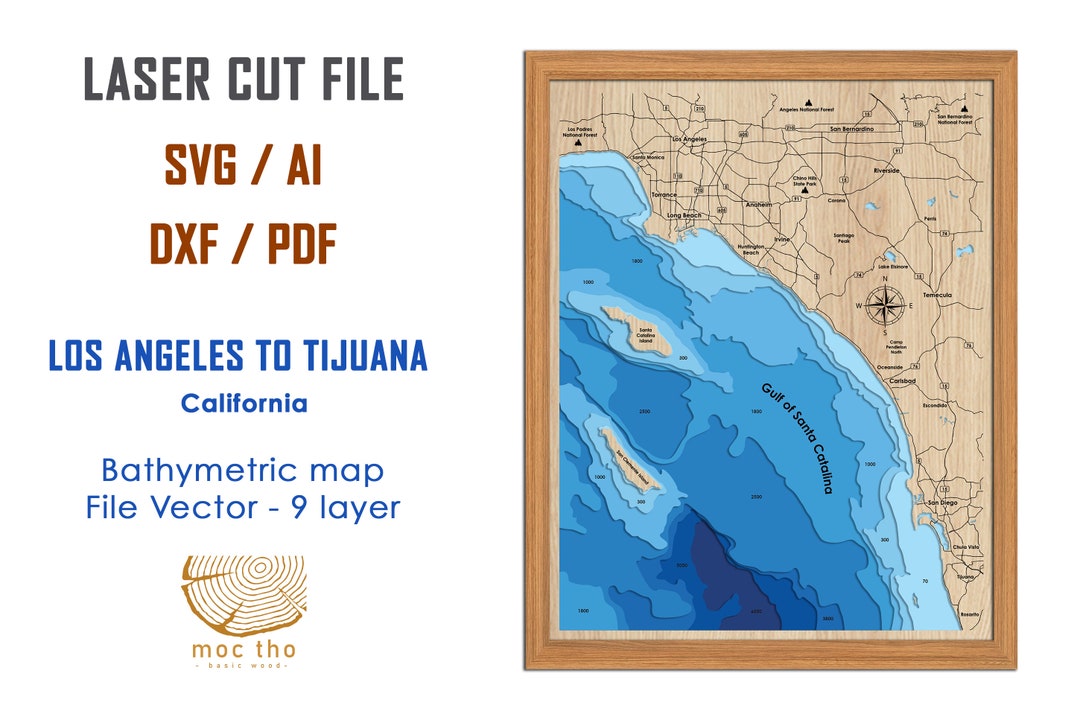 Digital File PDF, SVG Los Angeles to Tijuana Map Bathymetric Depth ...