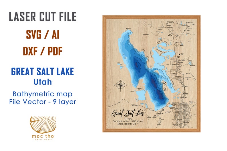 Digital File PDF, SVG - Great Salt Lake Utah, Bathymetric Depth Layers ...