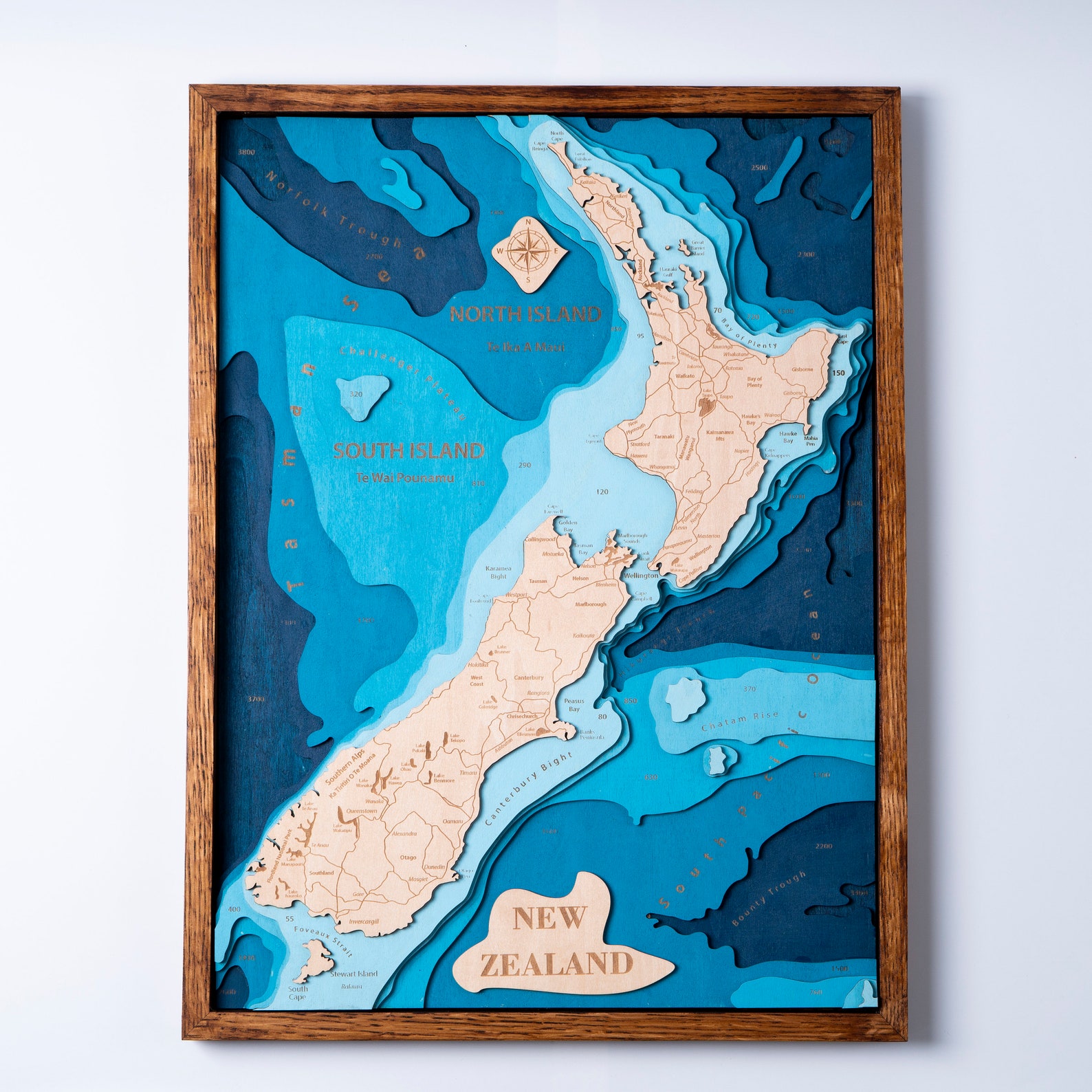 New Zealand Map Wood Bathymetric Map Custom Wood Lake River - Etsy