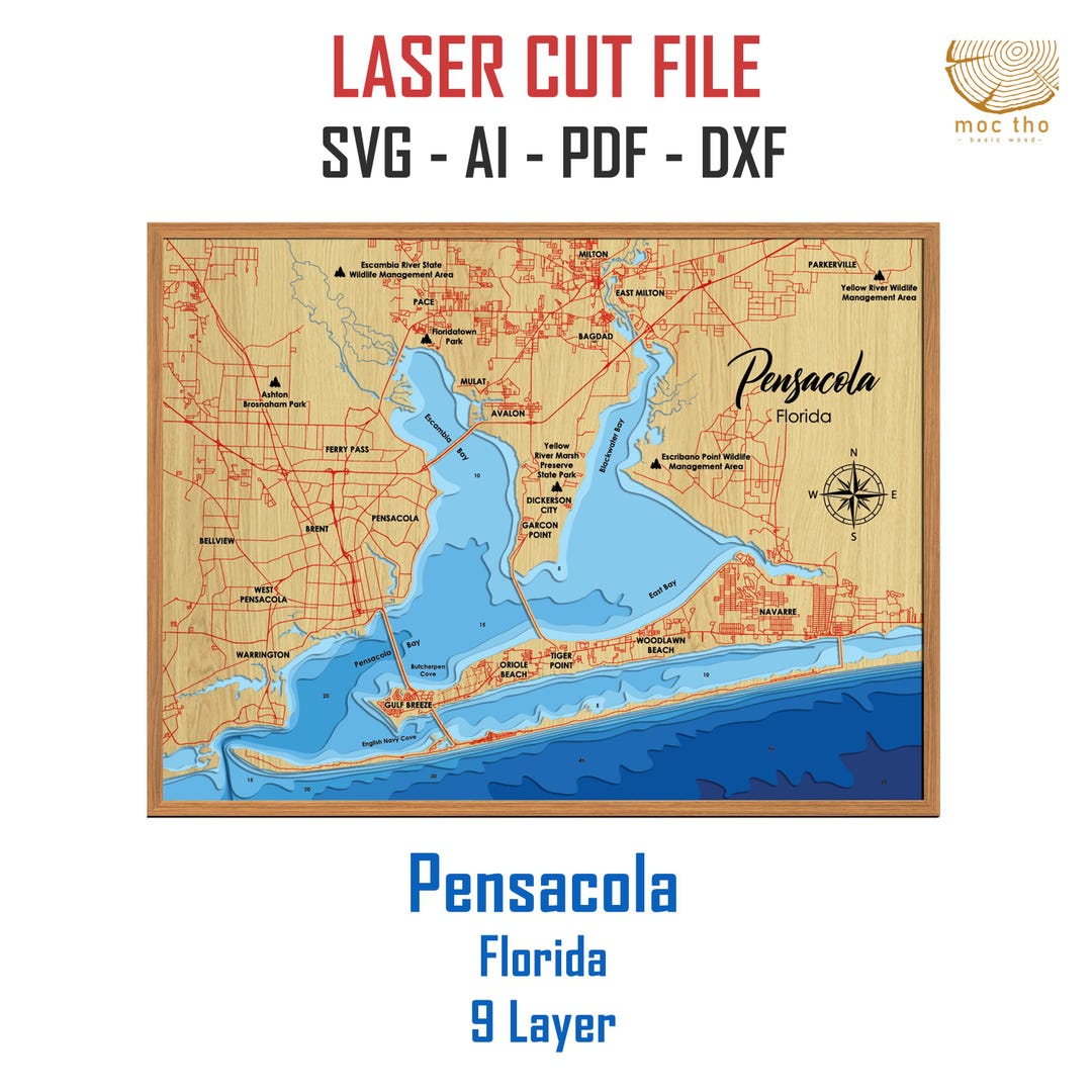Digital File PDF, SVG - Pensacola Florida Bathymetric Depth Layers SVG ...
