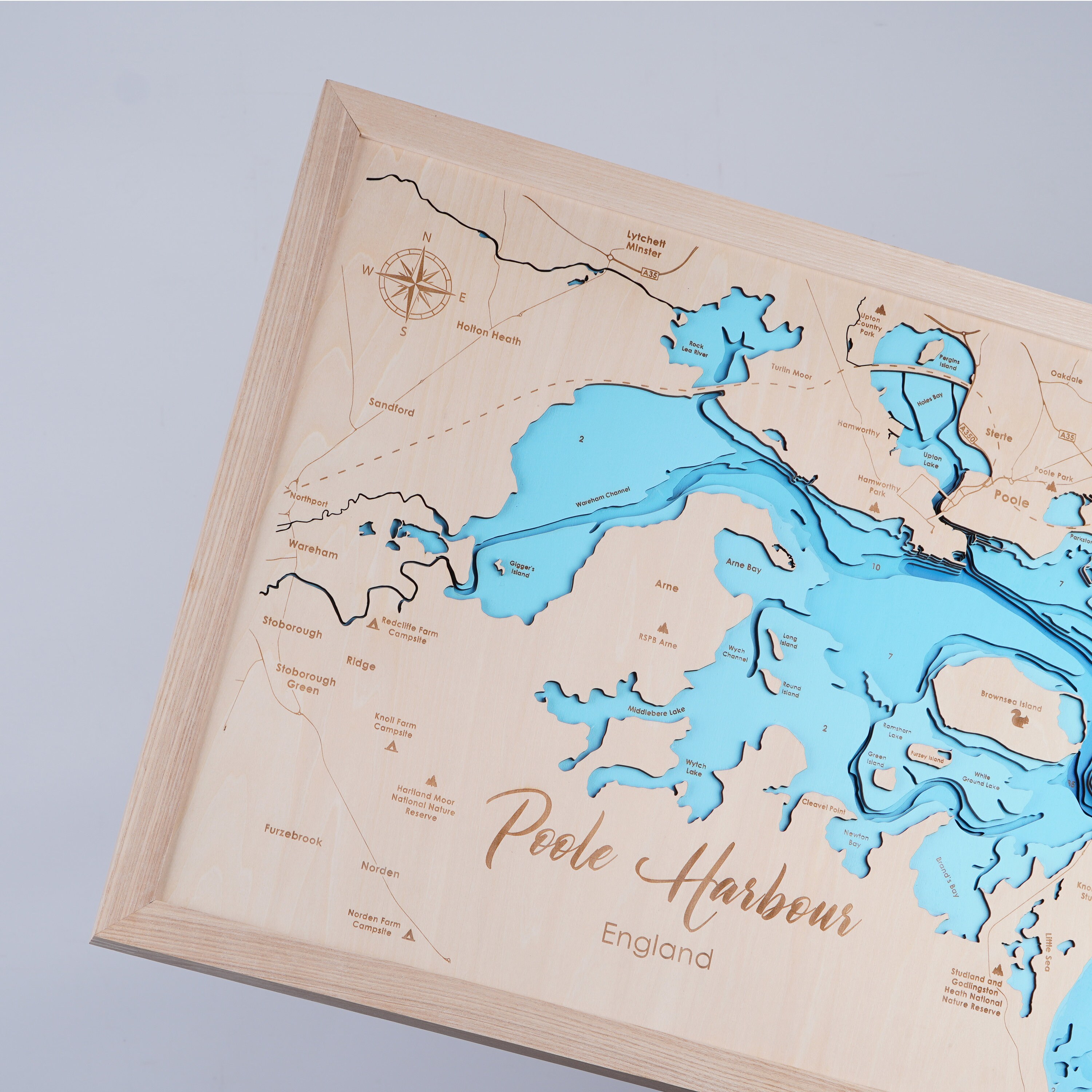 Poole Harbour UK Wood Map 3D Custom Lake, Island, Coast Map Bathymetric ...