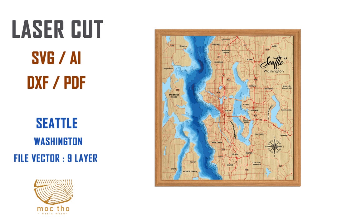 Digital File PDF, SVG - Seattle Washington Bathymetric Depth Layers SVG ...