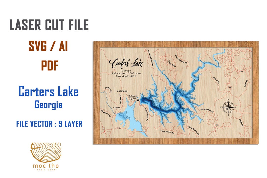 Digital File PDF, SVG - Carters Lake Georgia Map, Bathymetric Depth ...
