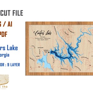 Digital File PDF, SVG - Carters Lake Georgia Map, Bathymetric Depth ...