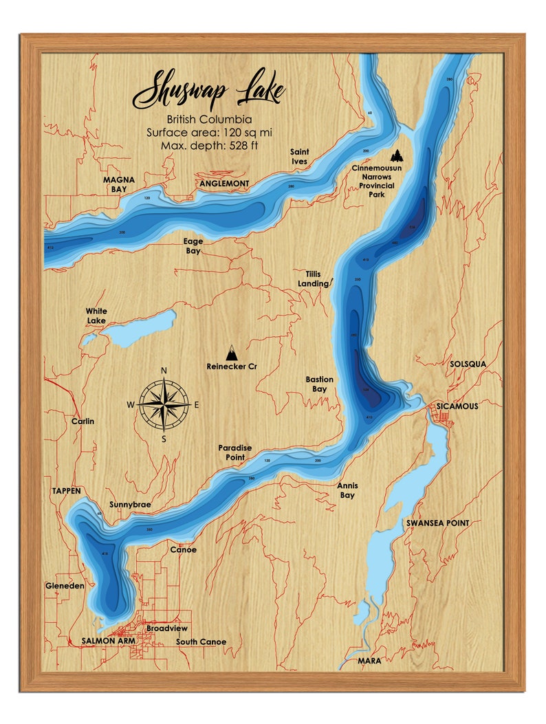 Digital File PDF, SVG - Shuswap Lake British Columbia Bathymetric Depth ...