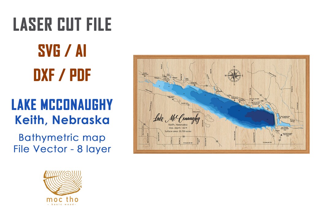 Digital File PDF, SVG - Lake Mcconaughy Nebraska , Bathymetric Depth ...
