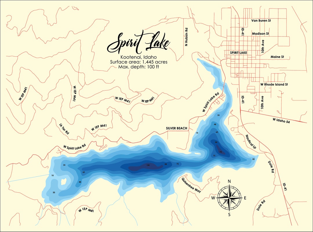 Digital File PDF, SVG Spirit Lake Idaho Lake Map, Bathymetric Depth ...