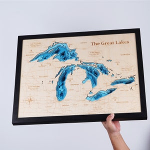 The Great Lakes Wood Map 3D Custom Lake, Island, Coast Map Bathymetric ...