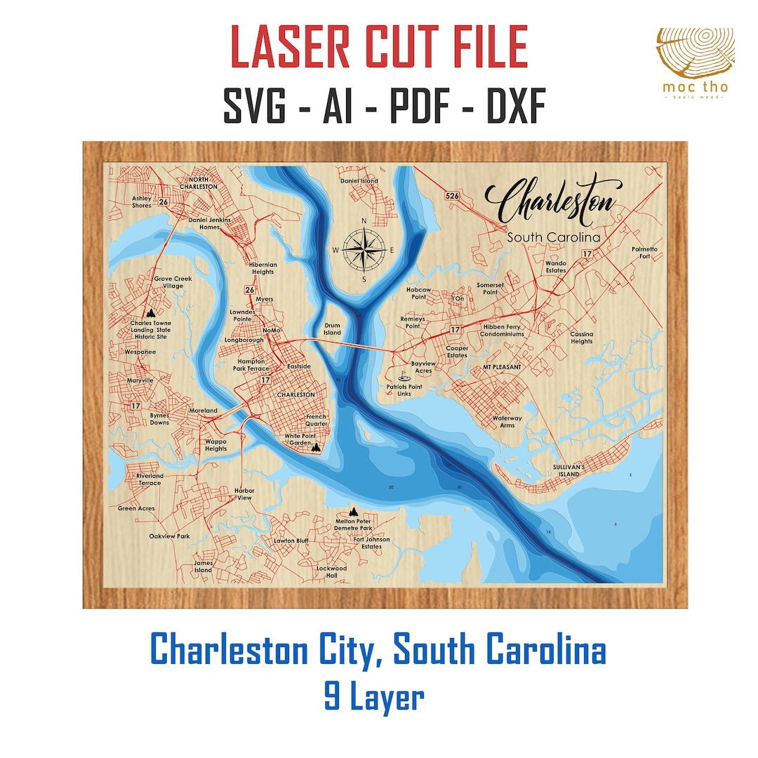 Digital File PDF, SVG - Charleston City, South Carolina Bathymetric ...