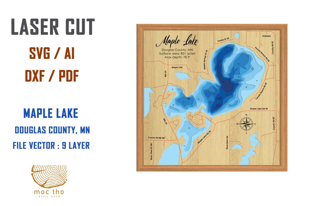 Digital File PDF, SVG - Maple Lake Minnesota Bathymetric Depth Layers ...