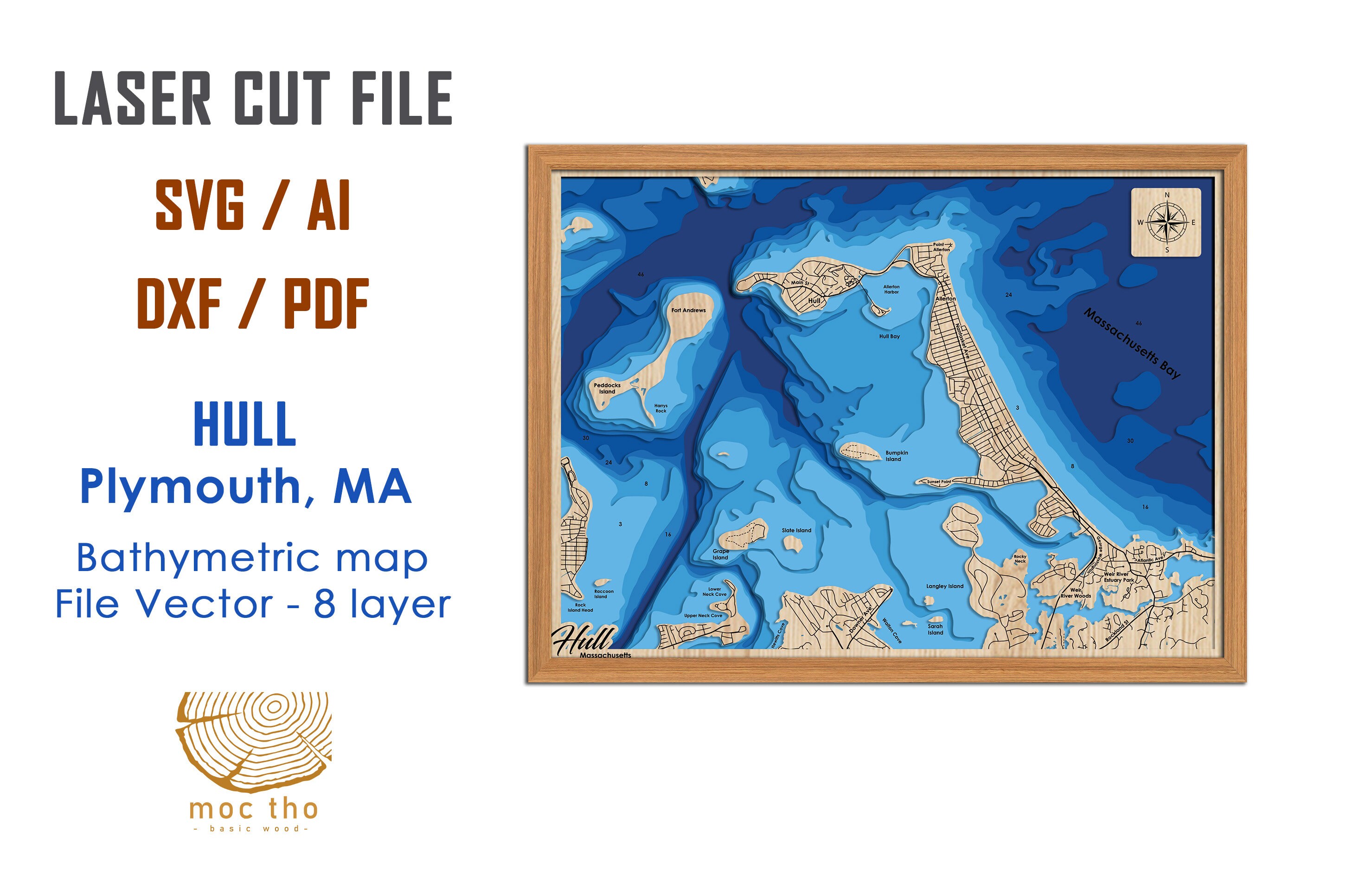 Digital File PDF, SVG - Hull Massachusetts Map, Bathymetric Depth ...