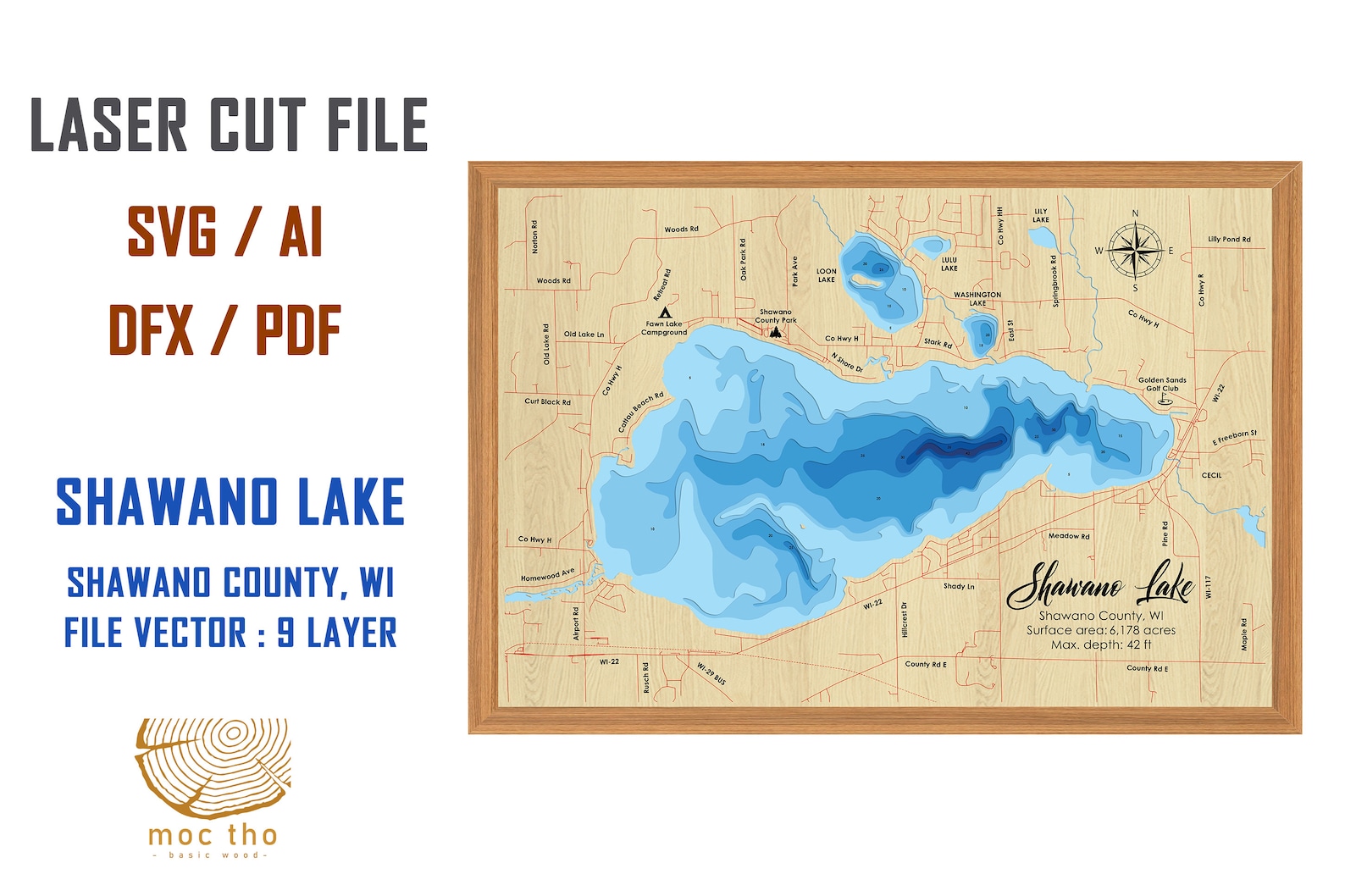 Digital File PDF, SVG Shawano Lake Wisconsin Map Bathymetric Depth ...