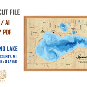Digital File PDF, SVG - Shawano Lake Wisconsin Map Bathymetric Depth ...