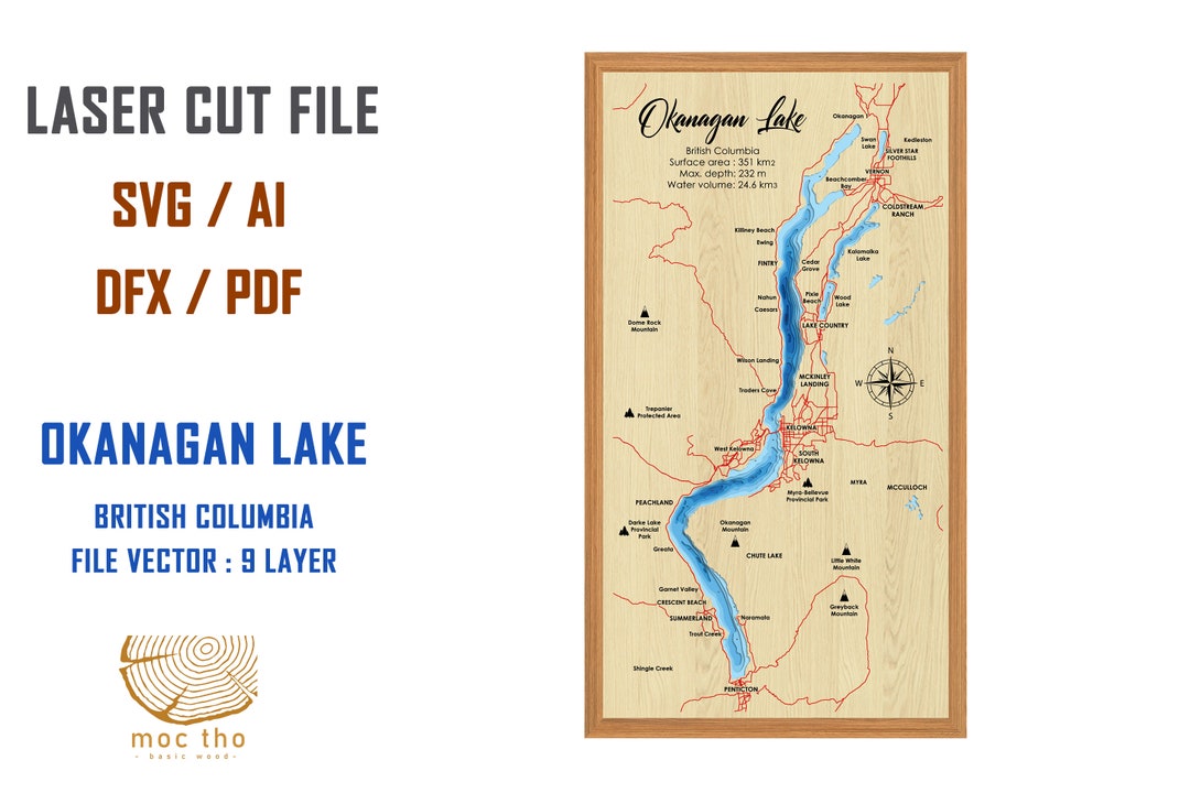 Digital File PDF, SVG - Okanagan Lake British Columbia Map Bathymetric ...