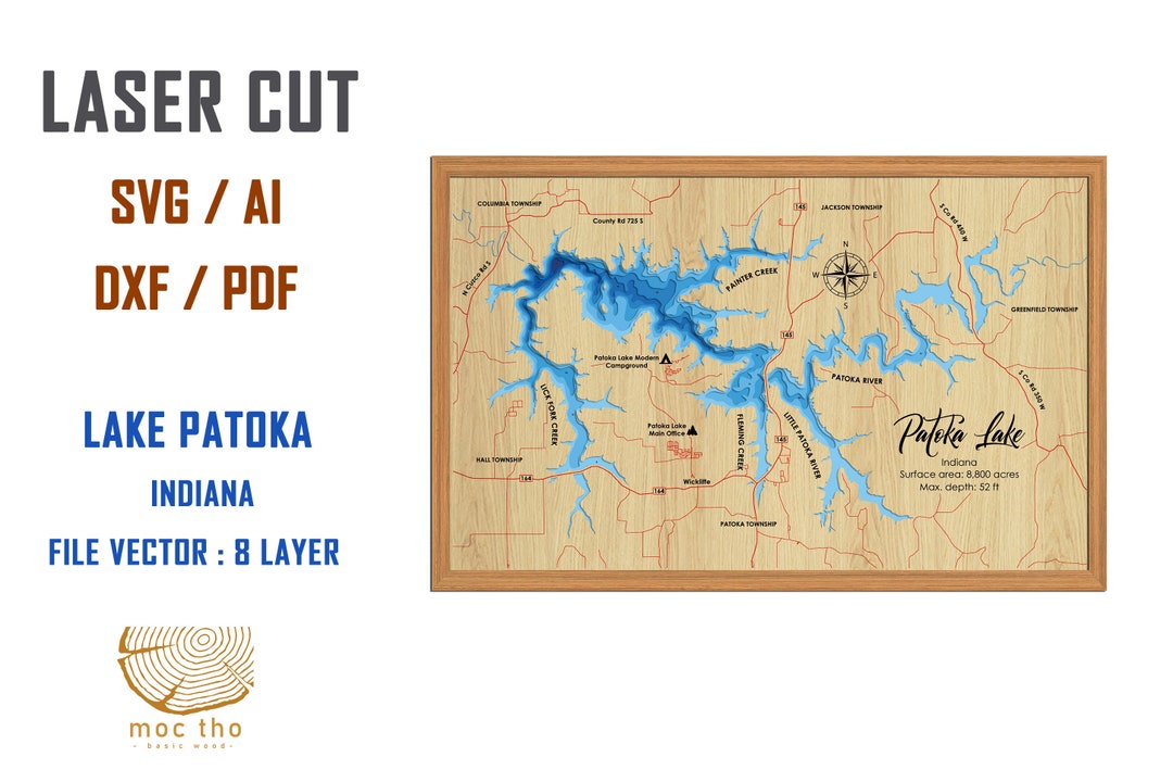 Digital File PDF, SVG - Lake Patoka Indiana Bathymetric Depth Layers ...