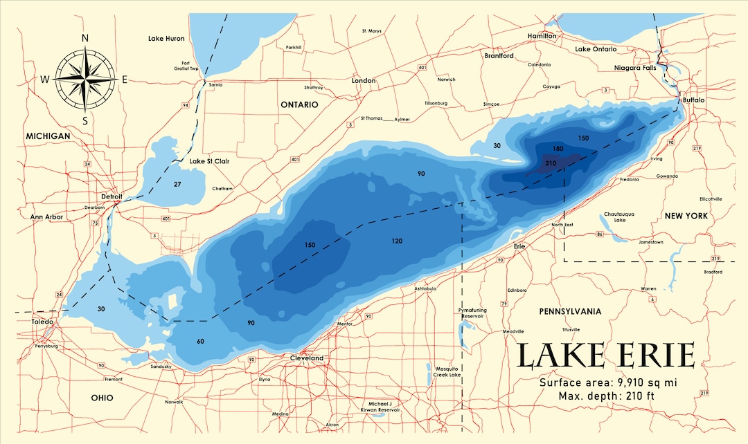 Digital File DXF AI SVG Lake Erie Map Wood Bathymetric Map - Etsy