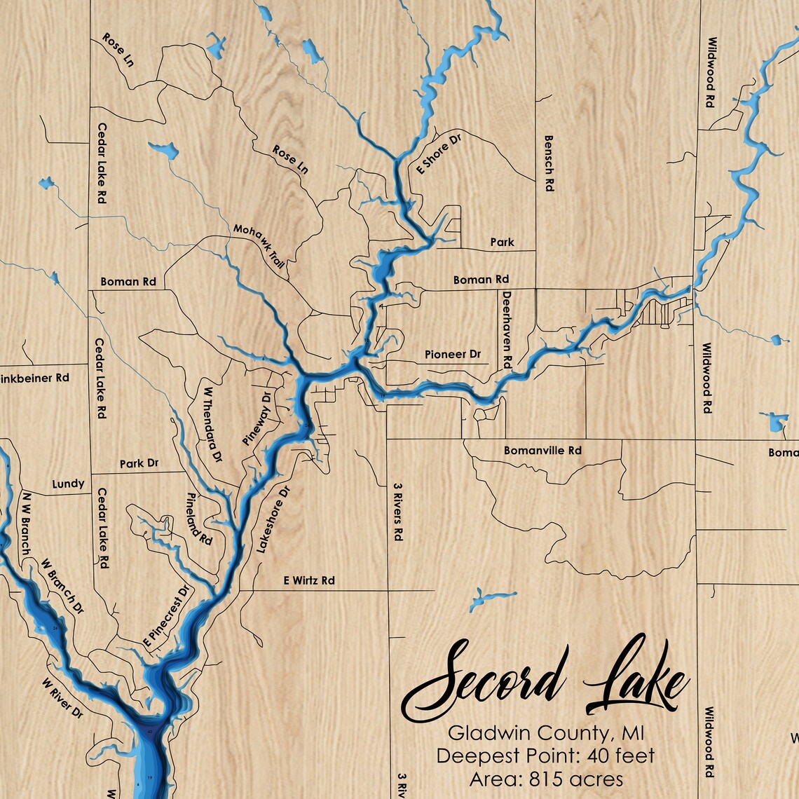Digital File PDF, SVG - Secord Lake Gladwin Michigan Map Bathymetric ...