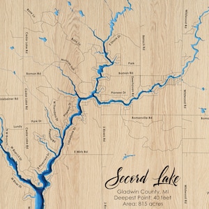 Digital File PDF, SVG - Secord Lake Gladwin Michigan Map Bathymetric ...