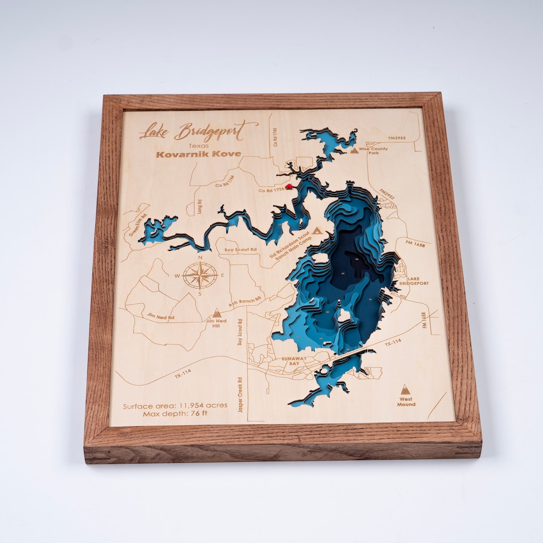 Lake Bridgeport Texas Wood Map 3D Custom Lake, Island, Coast Map ...