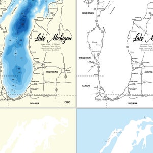 Digital File DXF, AI, SVG - Michigan Lake Map Wood Bathymetric Map ...
