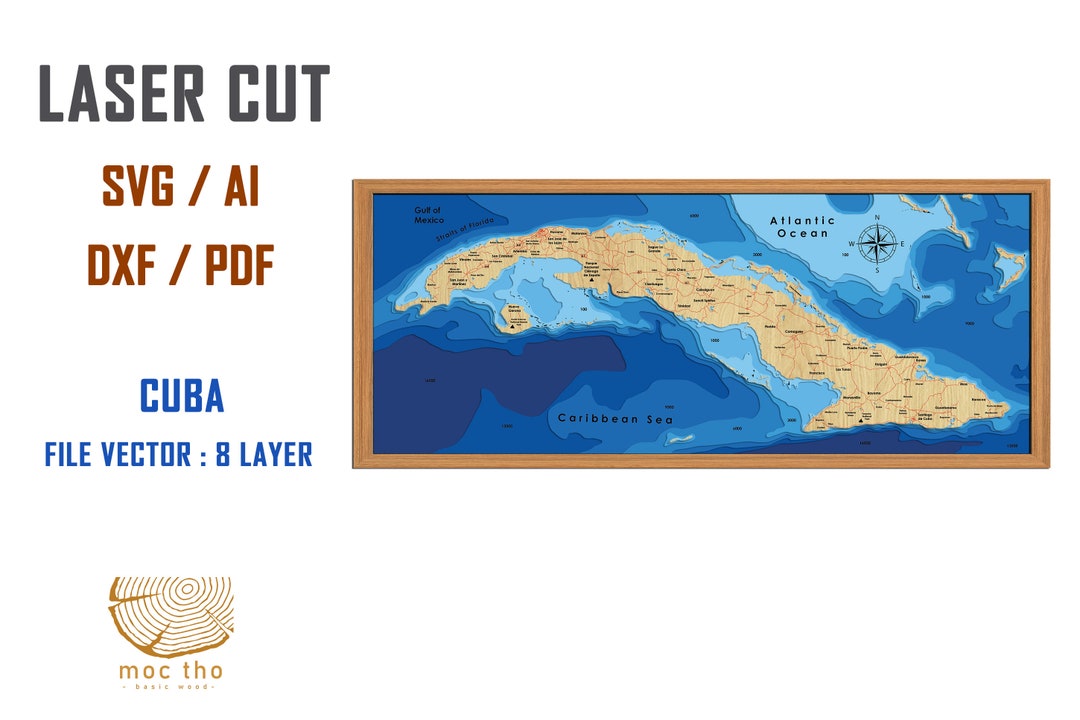 Digital File PDF, SVG - Cuba Country Map Bathymetric Depth Layers SVG ...