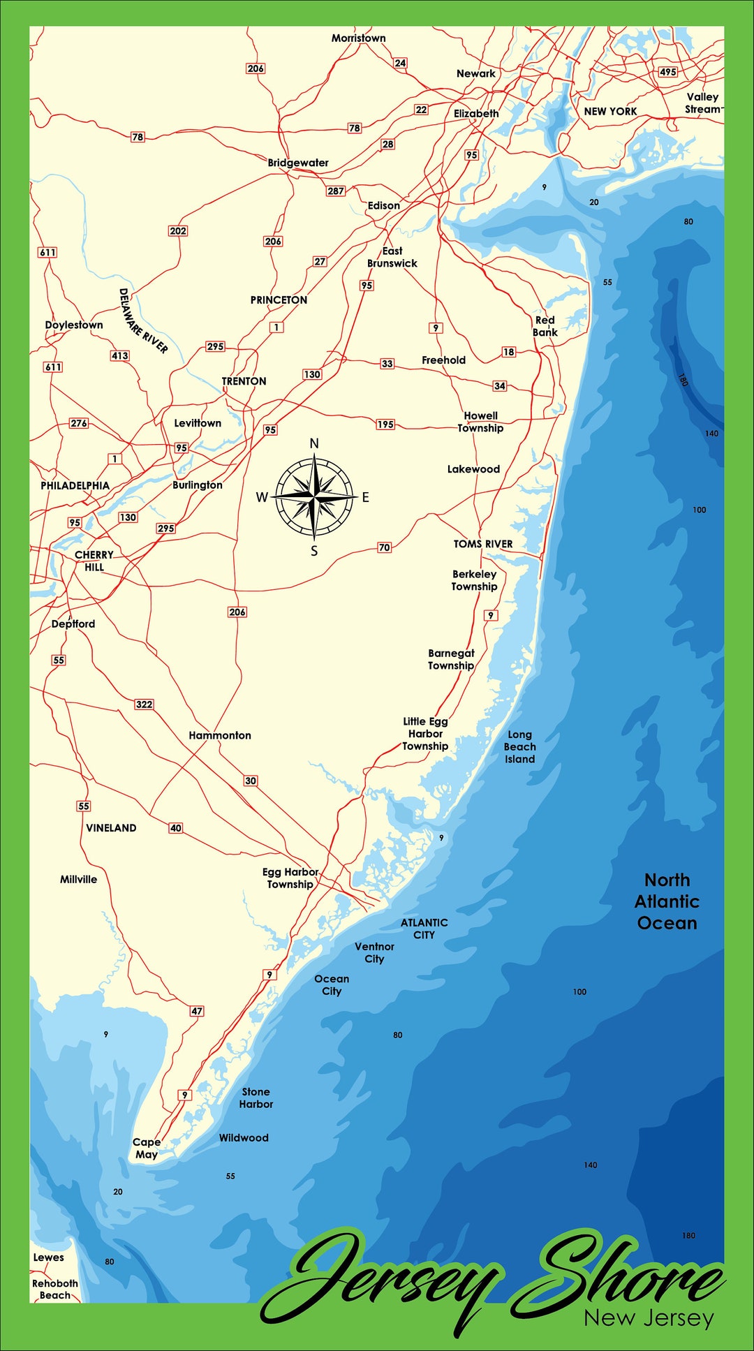 Digital File PDF, SVG Jersey Shore New Jersey Map, Bathymetric Depth ...