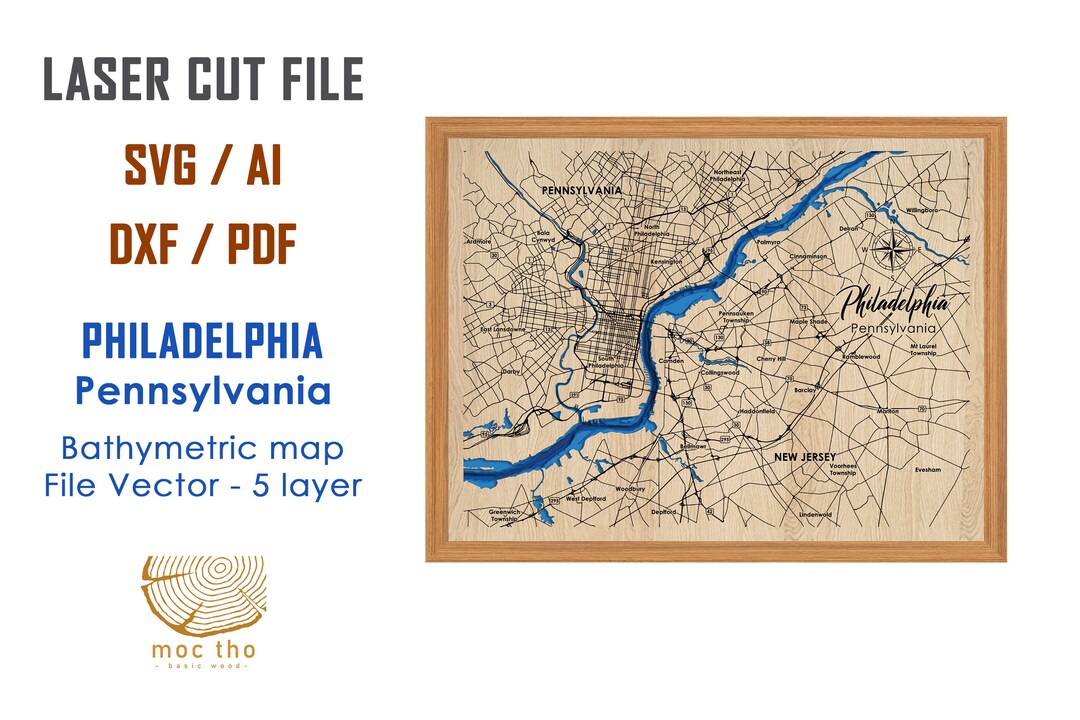 Digital File PDF, SVG - Philadelphia Pa Map Bathymetric Depth Layers ...