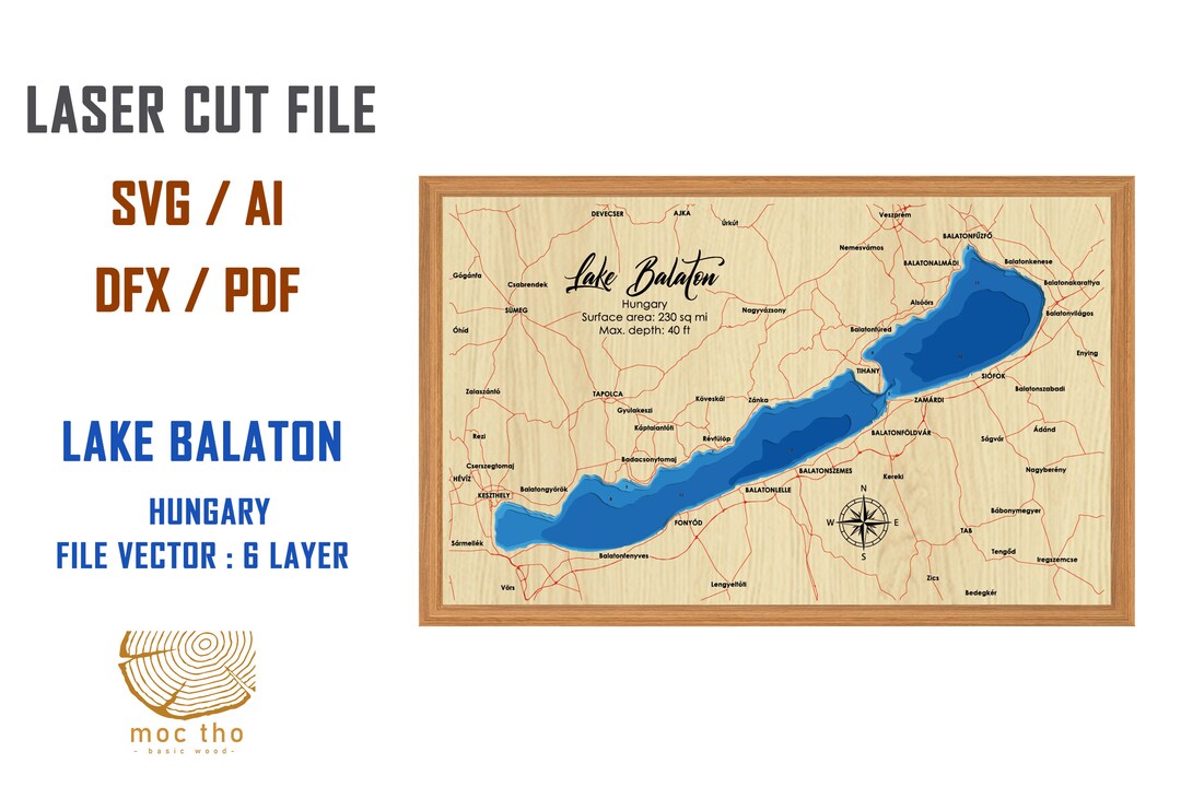 Digital File PDF, SVG - Lake Balaton in Hungary Map Bathymetric Depth ...