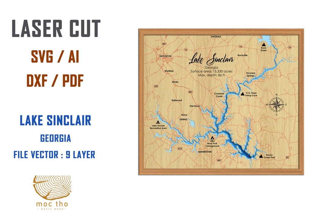 Digital File PDF, SVG - Lake Sinclair Georgia Bathymetric Depth Layers ...