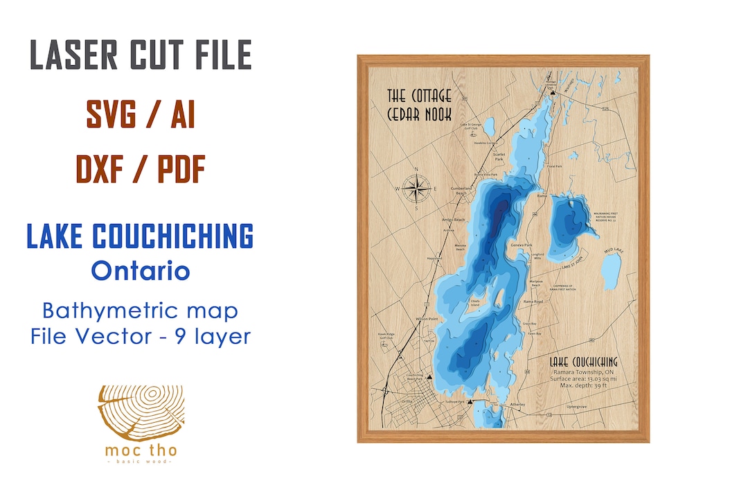 Digital File PDF, SVG - Lake Couchiching Ontario Map Bathymetric Depth ...
