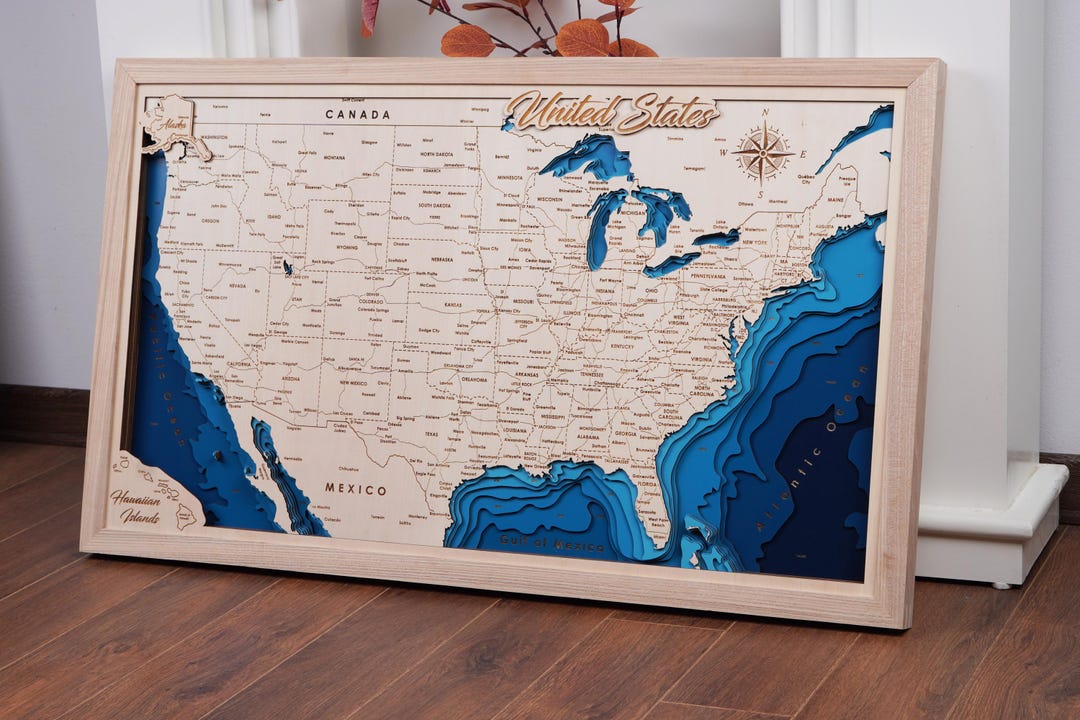 United States Wooden Map Custom Map Bathymetric, Travel Adventure ...