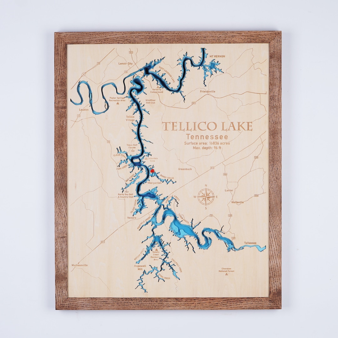 Tellico Reservoir Tennessee Wood Map 3D Custom Lake, Island, Coast Map ...