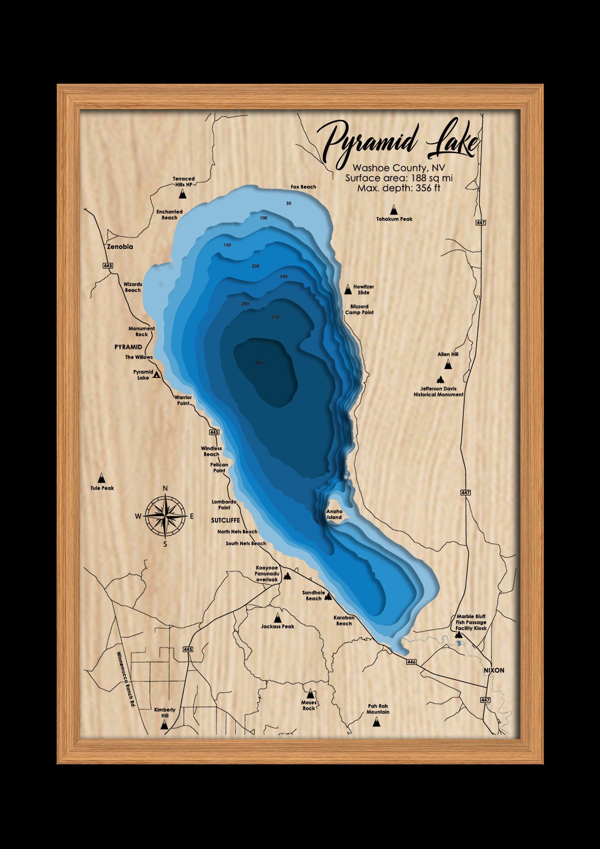 Digital File PDF, SVG - Pyramid Lake Nevada Map, Bathymetric Depth ...