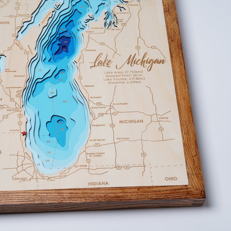 Lake Michigan United States Custom Map Wood Bathymetric 6 to - Etsy