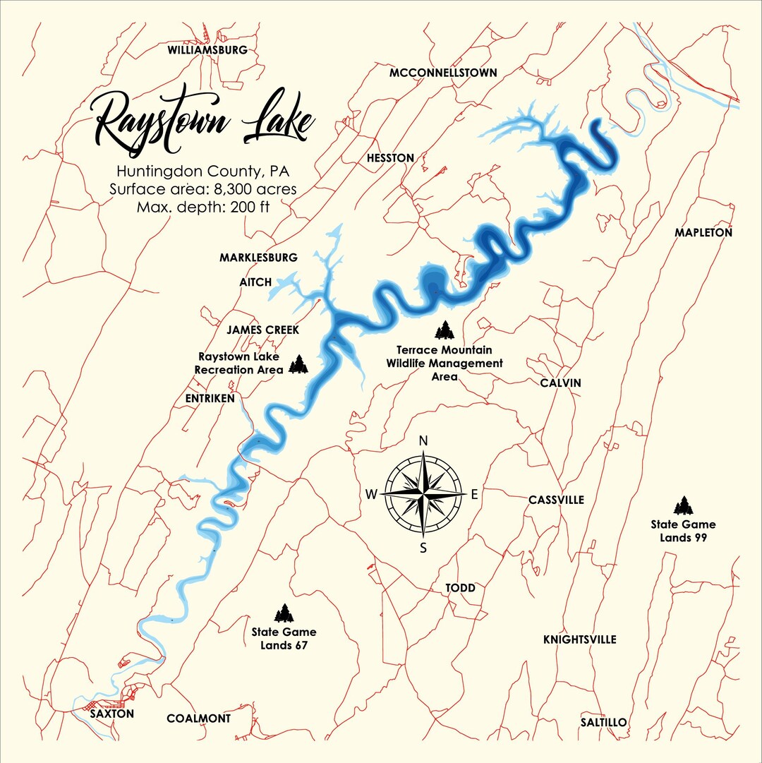 Digital File PDF, SVG Raystown Lake Pennsylvania, Bathymetric Depth ...