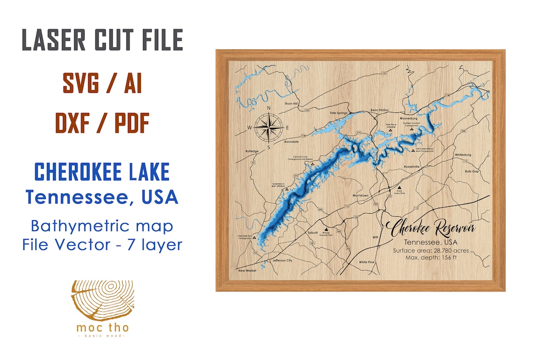 Digital File PDF, SVG - Cherokee Lake Tennessee Bathymetric Depth ...