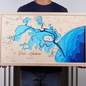 Poole Harbour UK Wood Map 3D Custom Lake, Island, Coast Map Bathymetric ...