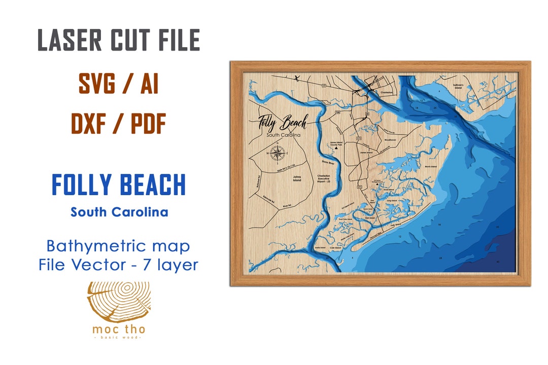 Digital File PDF, SVG - Folly Beach South Carolina Bathymetric Depth ...