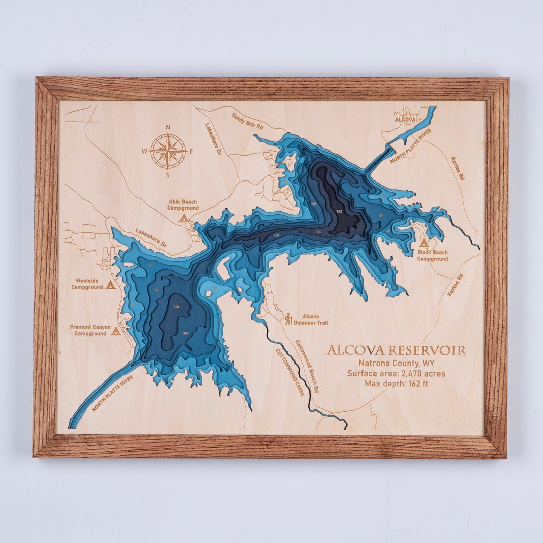 Alcova Reservoir Wyoming Wood Map 3D Custom Lake, Island, Coast Map ...