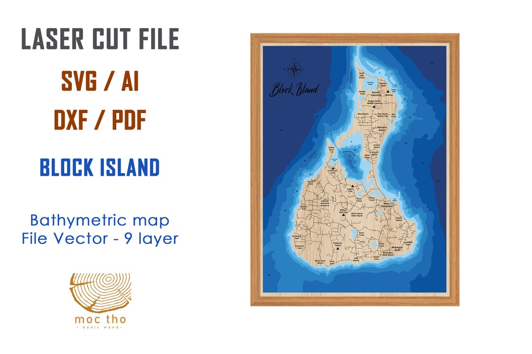 Digital File DXF, AI, SVG - Block Island Ri Map Bathymatric Map ...