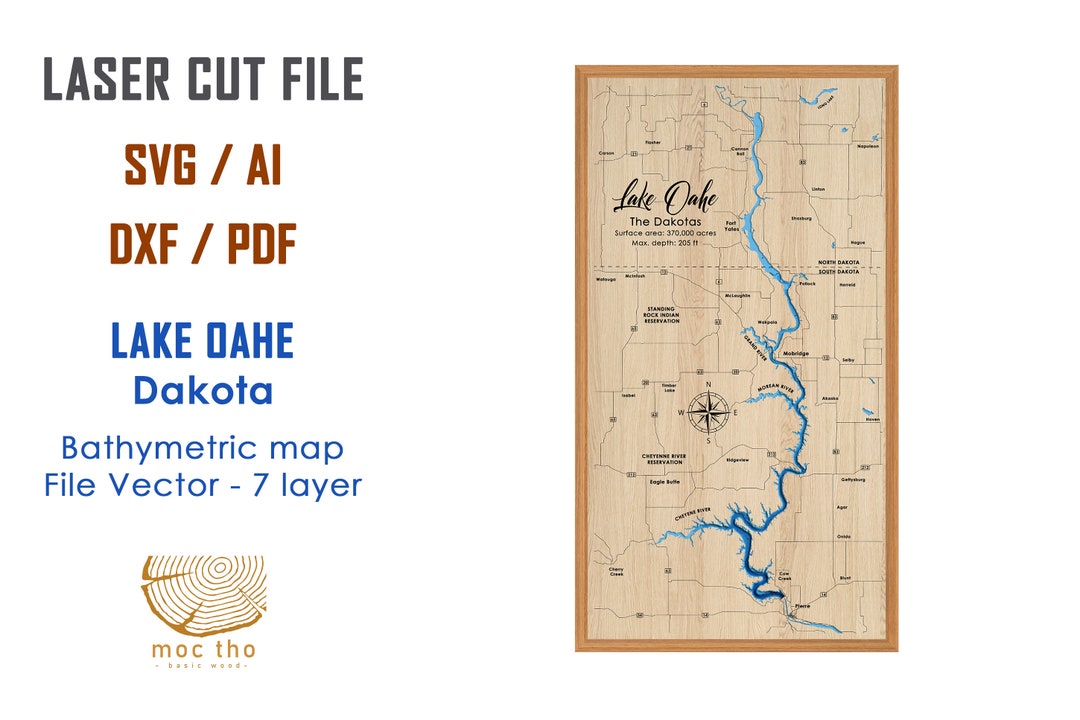 Digital File PDF, SVG - Lake Oahe Dakota Bathymetric Depth Layers SVG ...